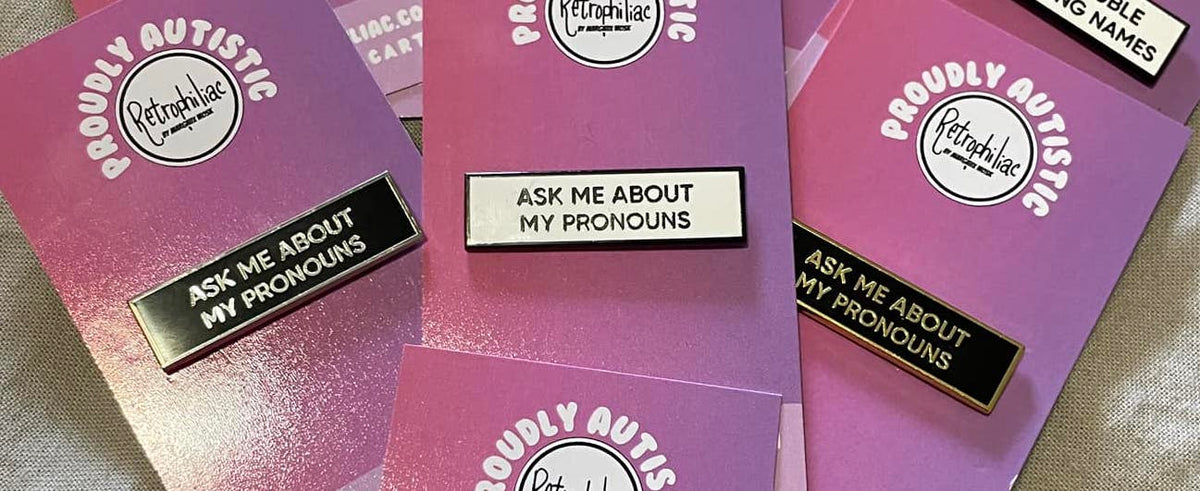 Ask Me About My Pronouns 1.5 Inch Rectangle Enamel Pin – Retrophiliac