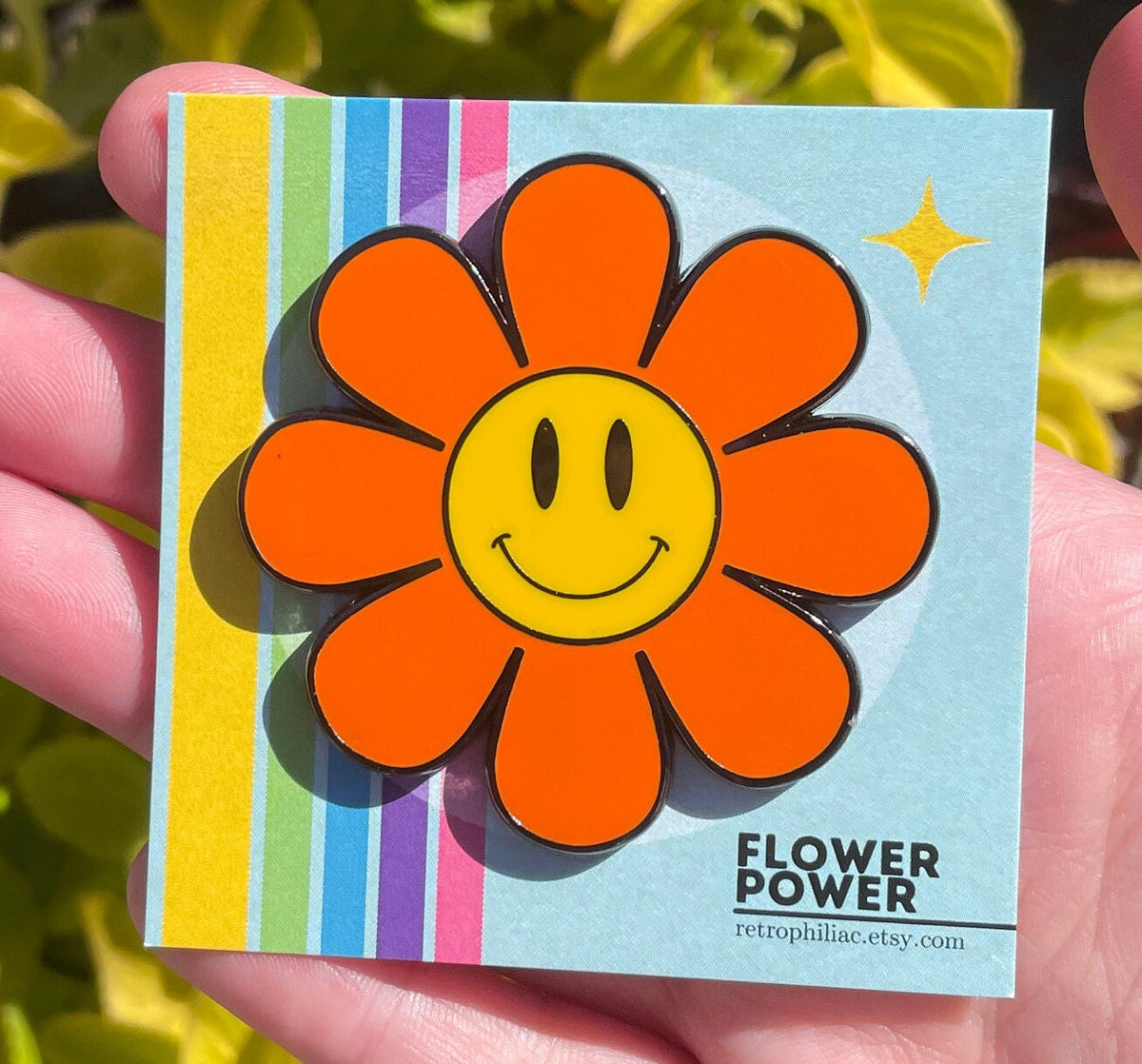 Orange Flower Power Enamel Pin, Smiley Flower Pin, Smiley Face Pin ...